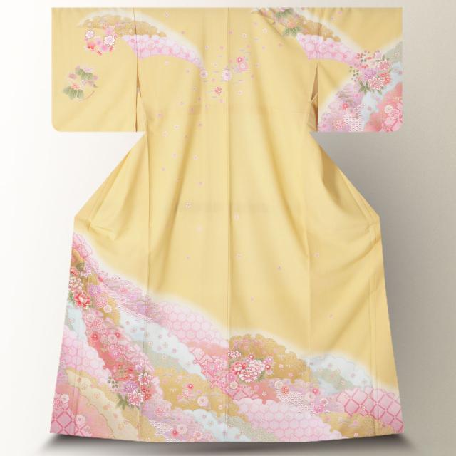 訪問着 レンタル 着物 貸衣装 フルセット 黄色 クリーム 牡丹No.0077 訪問着 レンタル 着物 貸衣装 フルセット 黄色 クリーム 牡丹No.0077の