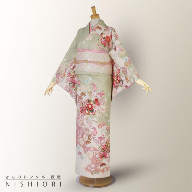 訪問着 レンタル 着物 貸衣装 フルセット HL アッシュエル緑 モスグリーン 牡丹No.0090