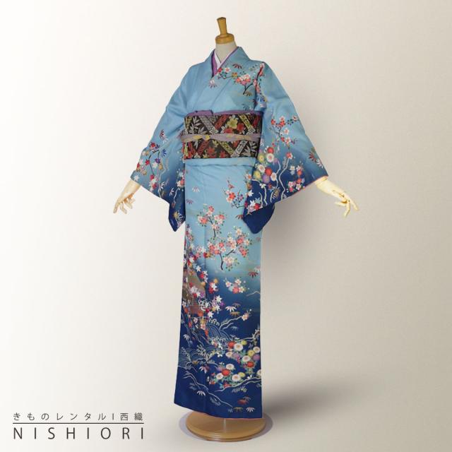 訪問着 レンタル 着物 貸衣装 フルセット HL アッシュエル青 水色 紺 桜No.0092