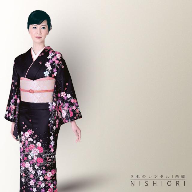 訪問着 レンタル 着物 貸衣装 フルセット HL アッシュエル黒 ピンク 桜