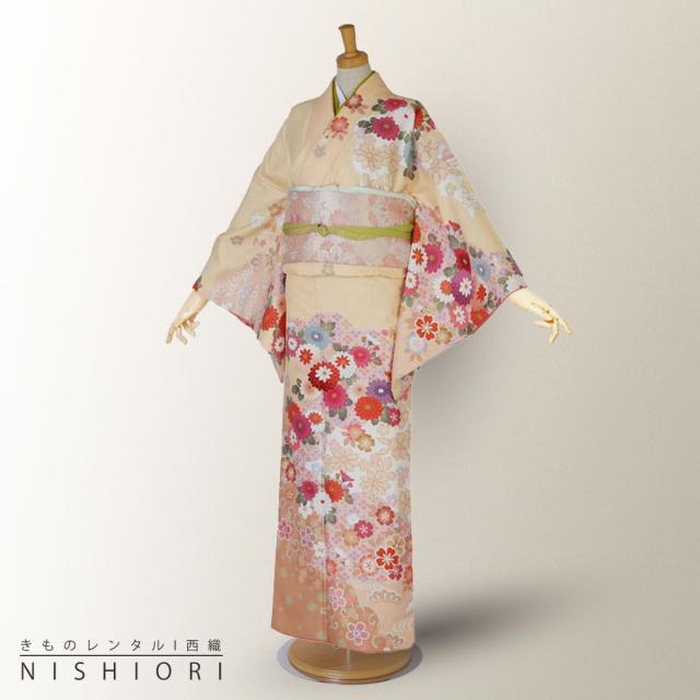 訪問着 レンタル 着物 貸衣装 フルセット HL アッシュエル黄色 クリーム 菊 七宝No.0099