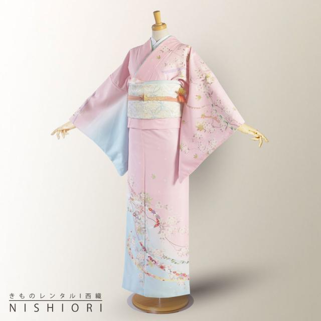 訪問着 レンタル 着物 貸衣装 フルセット ピンク 水色 桜No.0118