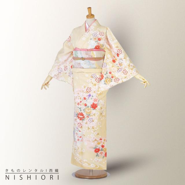 訪問着 レンタル 着物 貸衣装 フルセット クリーム 薄黄 牡丹 流水No.0121