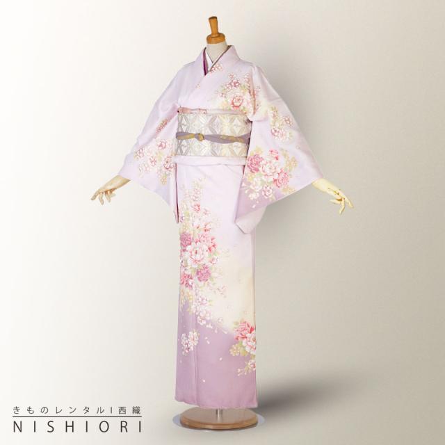 訪問着 レンタル 着物 貸衣装 フルセット 紫 ラベンダー 牡丹 薔薇No.0126
