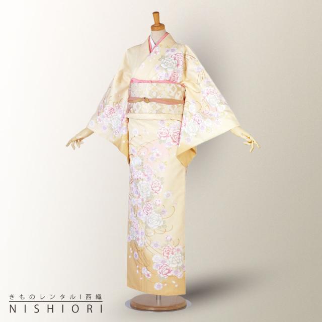 訪問着 レンタル 着物 貸衣装 フルセット 黄 クリーム 桜 牡丹No.0127