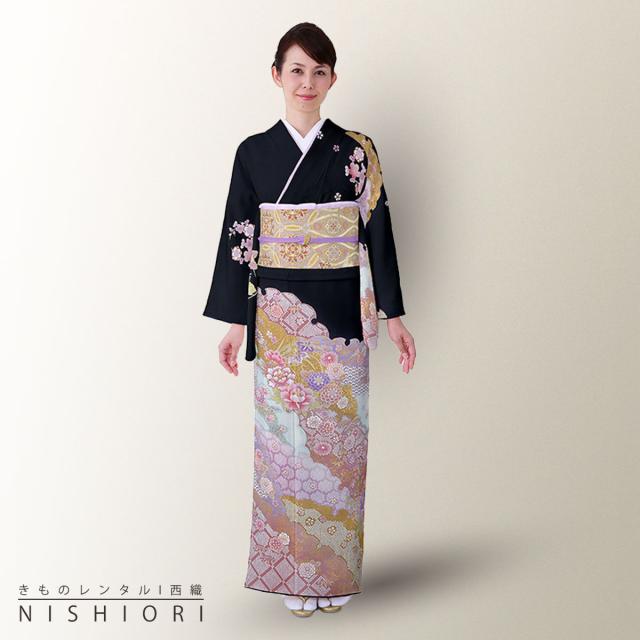 訪問着 レンタル 着物 貸衣装 フルセット 濃紺 ピンクNo.0137