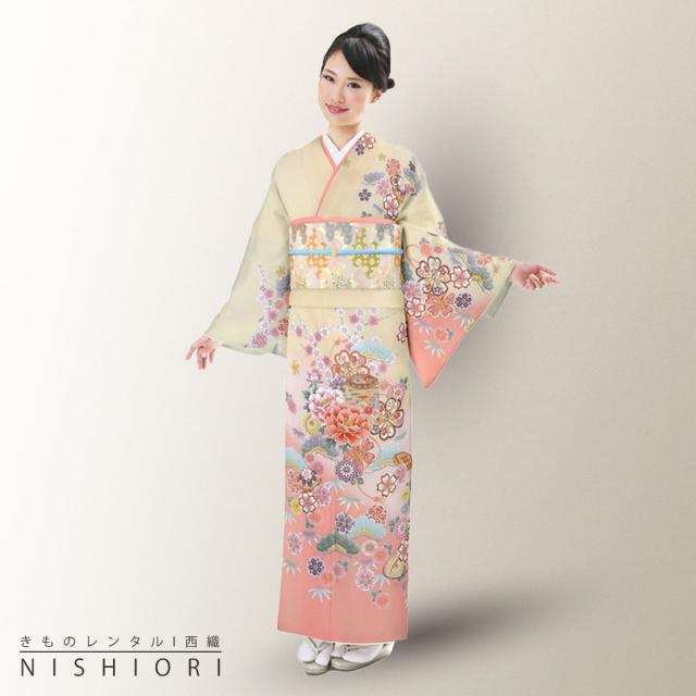 訪問着 レンタル 着物 貸衣装 フルセット 黄色 ピンク 牡丹 松竹梅No.0143