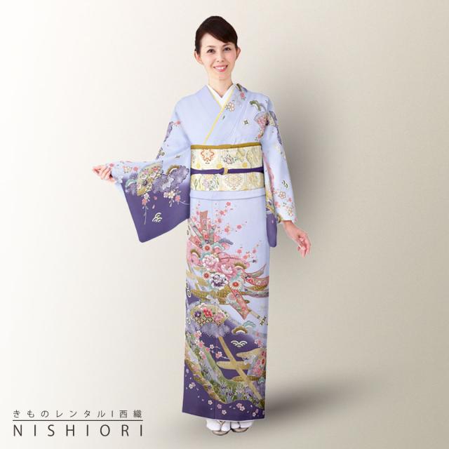 訪問着 レンタル 着物 貸衣装 フルセット 紫 ラベンダー 牡丹 松竹梅No.0146