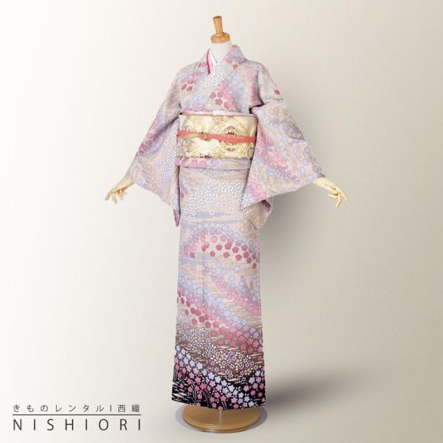 訪問着 レンタル 着物 貸衣装 フルセット 黄 グレー 梅 桜 小花ちらしNo.0158