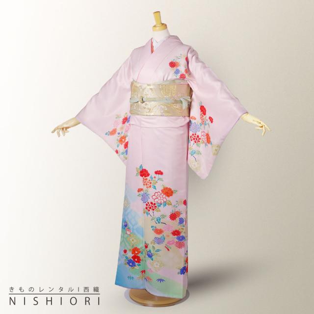 訪問着 レンタル 着物 貸衣装 フルセット ピンク 淡桃 牡丹 橘 椿No.0179