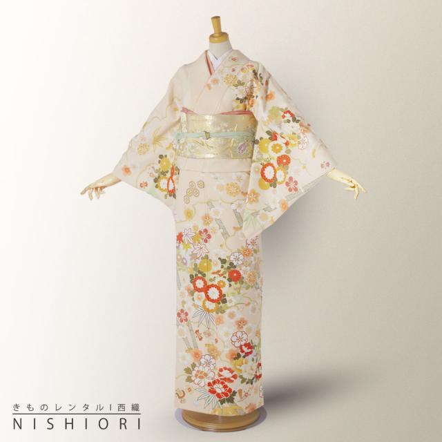 訪問着 レンタル 着物 貸衣装 フルセット 薄橙 ピンク 牡丹 松竹梅No.0194