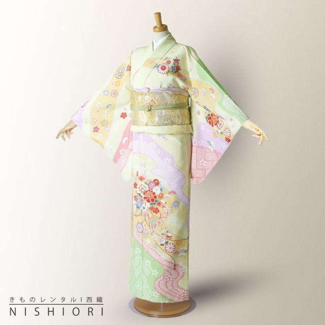 訪問着 レンタル 着物 貸衣装 フルセット 黄緑 グリーン 牡丹No.0210