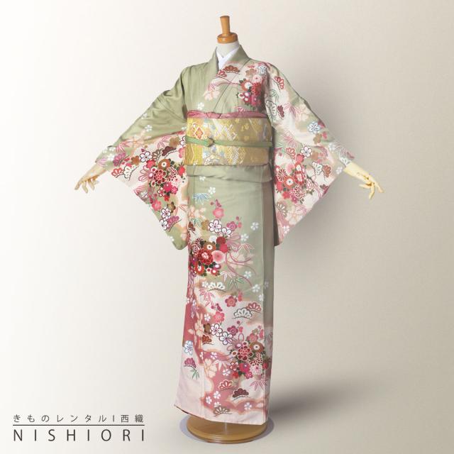 訪問着 レンタル 着物 貸衣装 フルセット 緑 グリーン 抹茶 松竹梅No.0213