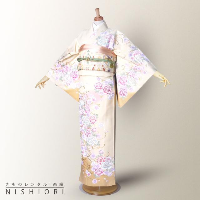 訪問着 レンタル 着物 貸衣装 フルセット クリーム 薔薇No.0224