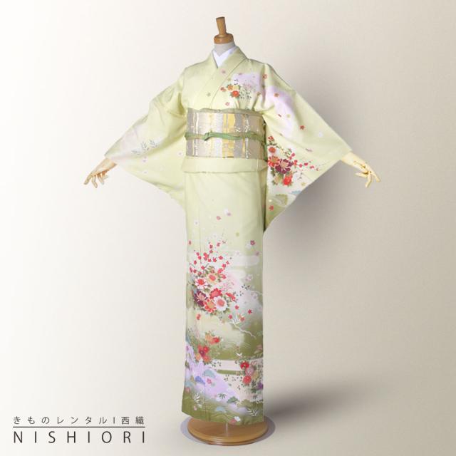 訪問着 レンタル 着物 貸衣装 フルセット 黄緑 グリーン 梅 小花No.0226