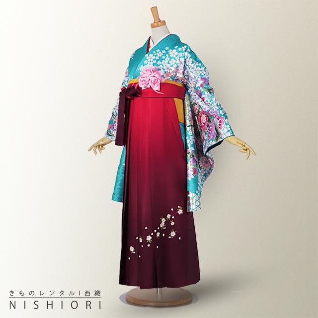 二尺袖 着物 袴 フルセット レンタル 【貸衣装 卒業式 大学生】From Kyoto ブランド袴【選べる袴サイズ S M L】 【青 ブルー 水色 赤 刺繍 ボカシ】 【ジュニア袴(小学生)対応可】