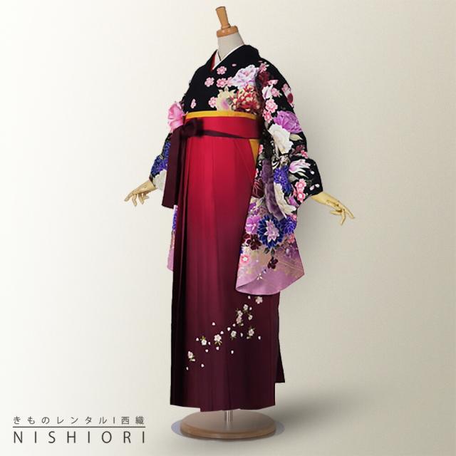 二尺袖 着物 袴 フルセット レンタル 【貸衣装 卒業式 大学生】From Kyoto ブランド袴【選べる袴サイズ S M L】 【黒 ブラック 紫 赤 刺繍 ボカシ】 【ジュニア袴(小学生)対応可】No.1011