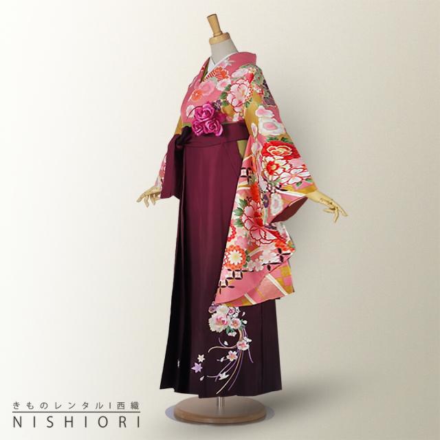 二尺袖 着物 袴 フルセット レンタル 【貸衣装 卒業式 大学生】From Kyoto ブランド袴【選べる袴サイズ S M L】 【ピンク えんじ 赤 刺繍 ボカシ 】 【ジュニア袴(小学生)対応可】