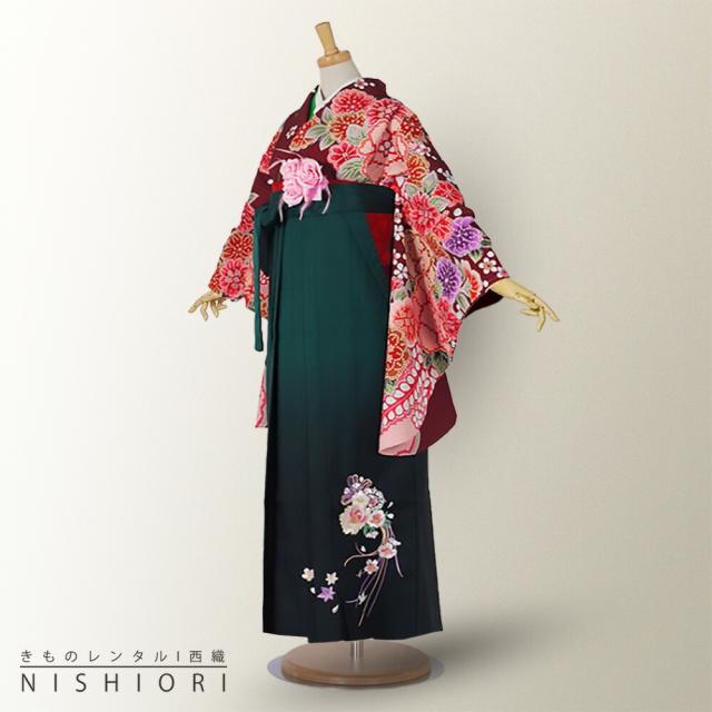 二尺袖 着物 袴 フルセット レンタル 【貸衣装 卒業式 大学生】From Kyoto ブランド袴【選べる袴サイズ S M L】 【赤 緑 グリーン 刺繍 ボカシ】 【ジュニア袴(小学生)対応可】No.1017