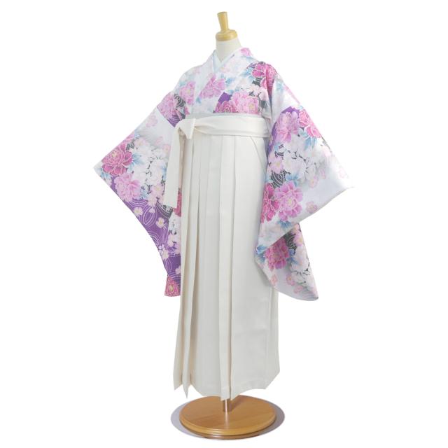 二尺袖 着物 袴 フルセット レンタル 【貸衣装 卒業式 大学生】 古典 レトロ【袴 Lサイズ】【ジュニア袴(小学生)対応可】紫系　オフホワイト くすみカラー