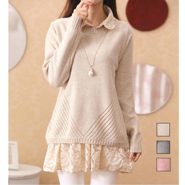 LAZA チュニック 秋冬 レース 二次会 二枚セット 膝丈 ニットセーター レディース 体型カバー