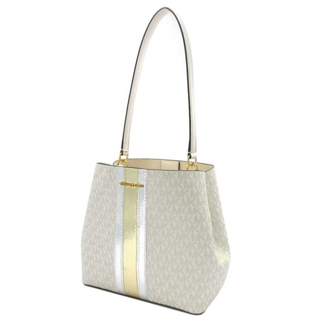 マイケルコース バッグ ショルダーバッグ MICHAEL KORS プラット MK シグネチャー メタリック ミディアム バケットショルダー ストライプ柄 パイソン調 肩掛け 35F4G3FS2V PALE GOLD (ベールゴールド) アウトレット レディース