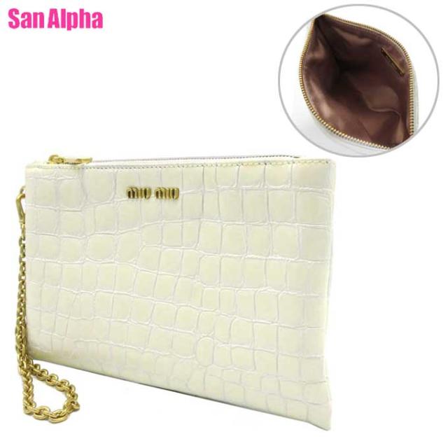 ミュウミュウ バッグ ハンドバッグ MIU MIU クロコ調 チェーン付き クラッチバッグ フラットポーチ 手下げ 5NH81C ST.COCCO SOFT BIANCO (オフホワイト系) アウトレット レディース