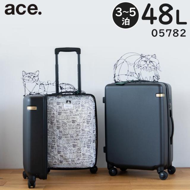ace. ／HAyU×ace. パキラ (48L) 内装ネコ柄 ファスナータイプ スーツケース 3〜5泊用 3辺合計131cm 手荷物預け入れサイズ 05782
