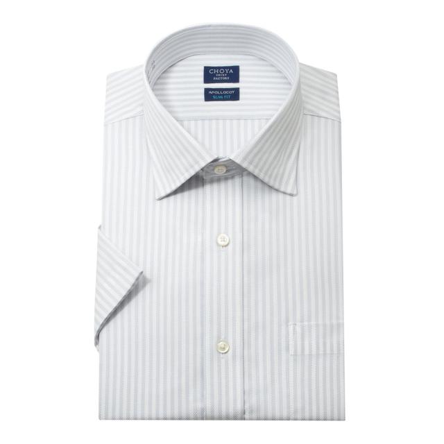 日清紡アポロコット 半袖 ワイシャツ メンズ 夏 形態安定加工 グレー ストライプ セミワイドカラー【CFN616-480】