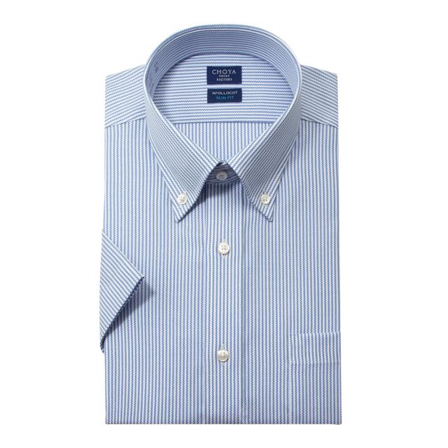 日清紡アポロコット 半袖 ワイシャツ メンズ 夏 形態安定加工 ブルー 青 ストライプ ボタンダウン【CFN617-450】