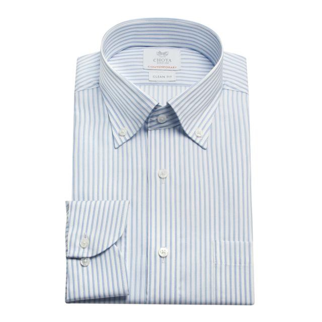 長袖 ワイシャツ メンズ 綿100％ 形態安定加工 青 ブルー ストライプ ボタンダウンカラー CH【CLD300-450】