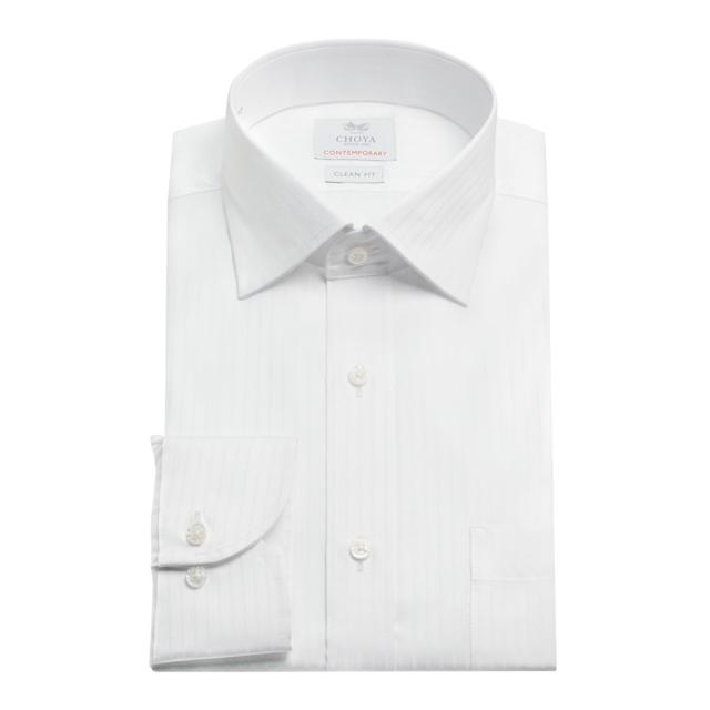 長袖 ワイシャツ メンズ 綿100％ 形態安定加工 白 ホワイト ドビー ストライプ ワイドカラー 【CLD301-200】