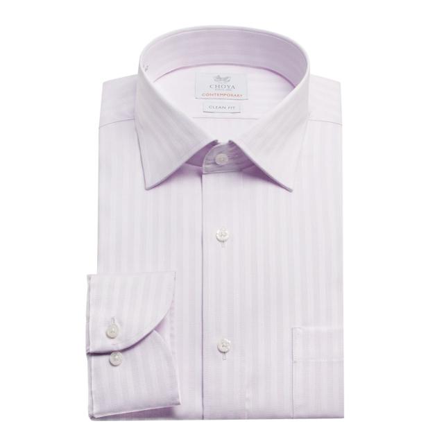 長袖 ワイシャツ メンズ 綿100％ 形態安定加工 ピンク ドビー ストライプ ワイドカラー CHO【CLD301-210】