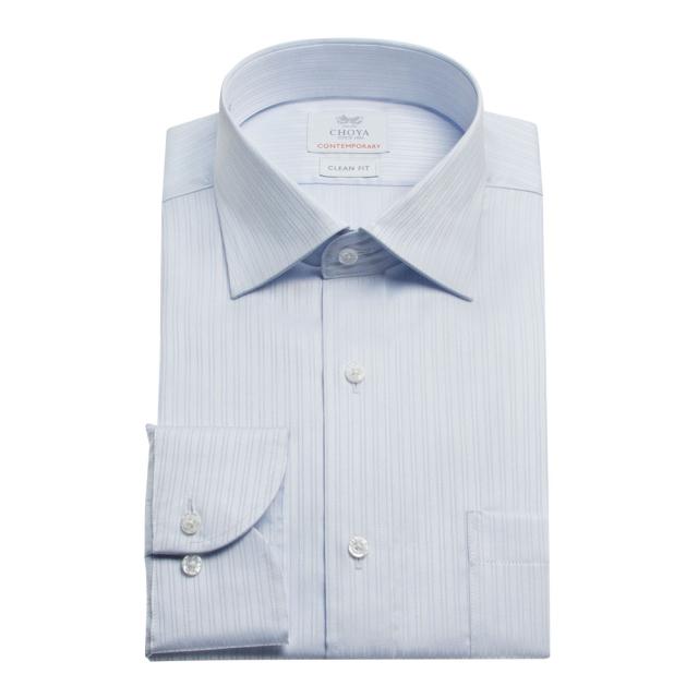 長袖 ワイシャツ メンズ 綿100％ 形態安定加工 ブルー ドビー ストライプ ワイドカラー CHO【CLD801-250】