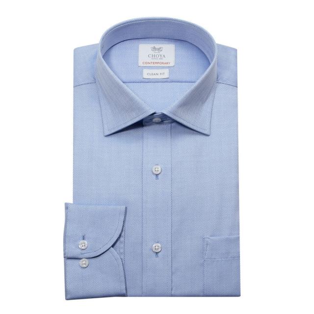 長袖 ワイシャツ メンズ 綿100％ 形態安定加工 ブルー ヘリンボーン ドビー ワイド CHOYA【CLD901-250】