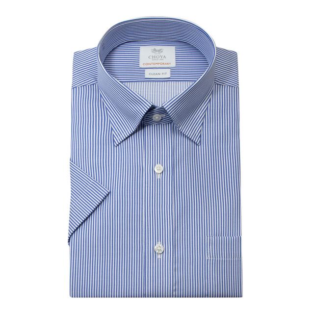 半袖シャツ ワイシャツ メンズ 綿100％ 形態安定加工 ブルー ストライプ スナップダウン CHOYA CONTEMPORARY【CLN601-450】