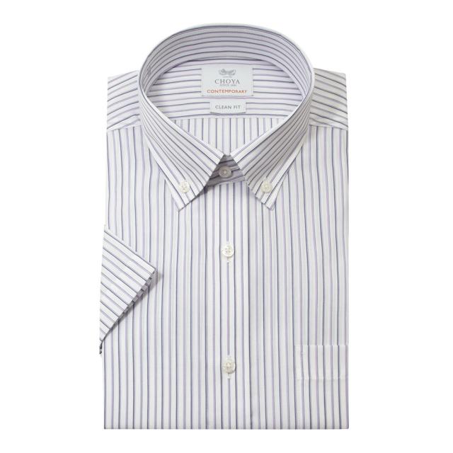半袖シャツ ワイシャツ メンズ 綿100％ 形態安定加工 パープル ストライプ ボタンダウン 	CHOYA CONTEMPORARY【CLN602-460】