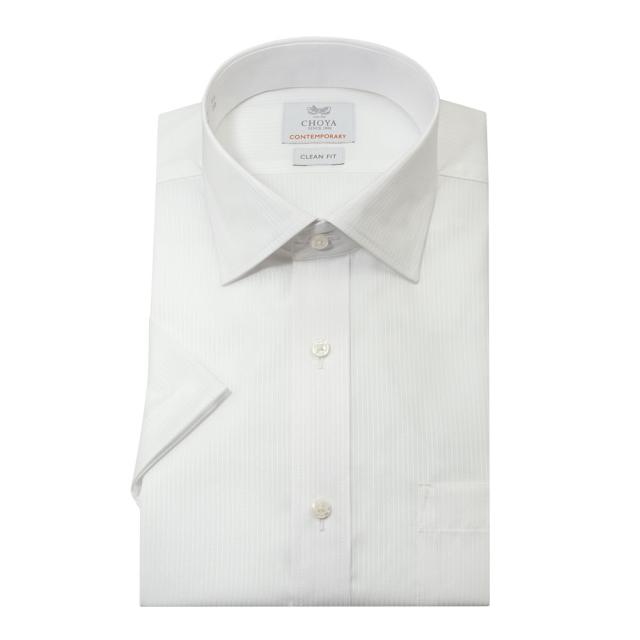 半袖シャツ ワイシャツ メンズ 綿100％ 形態安定加工 ホワイト 白 ドビー ストライプ ショートCHOYA CONTEMPORARY【CLN603-200】