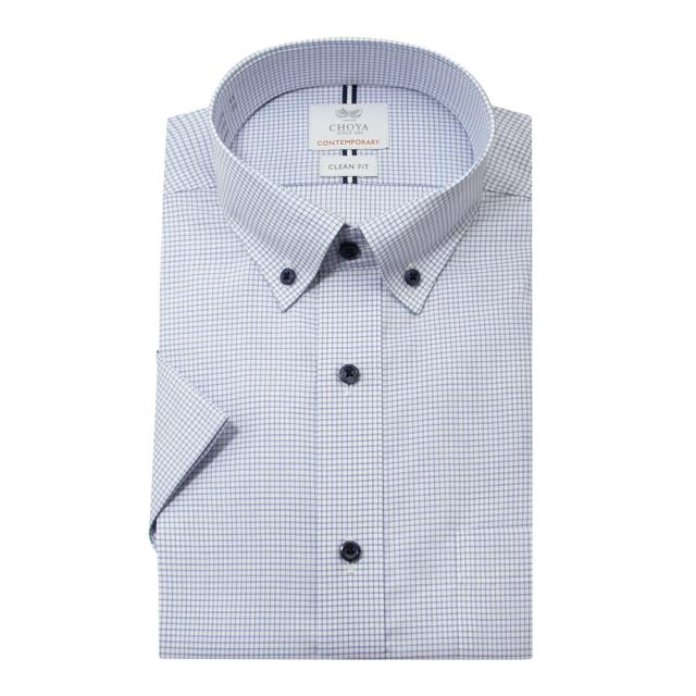 半袖シャツ ワイシャツ メンズ 綿100％ 形態安定加工 ブルー 格子柄 チェックドビー ボタンダウン CHOYA CONTEMPORARY【CLN606-655】