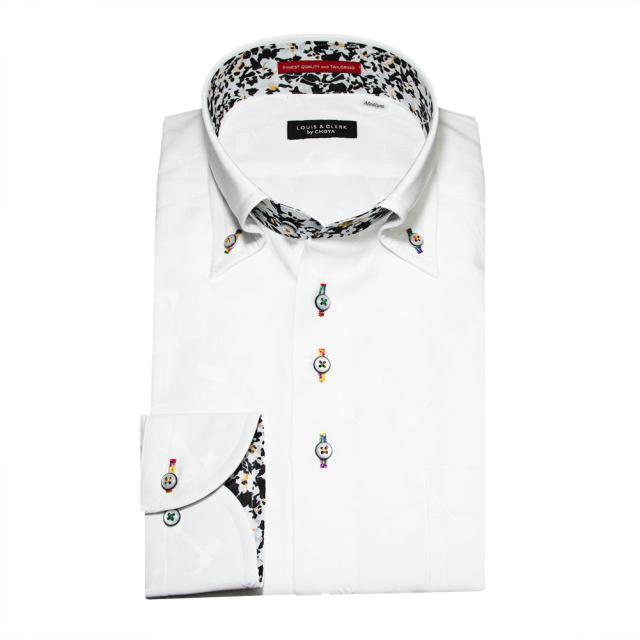 国産 長袖 綿100% ドレスシャツ レギュラーフィット ボタンダウン ホワイト ジャガード織 DI【RLD592-901】