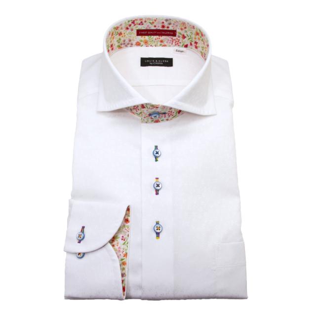 国産 長袖 綿100% ドレスシャツ レギュラーフィット カッタウェイ ホワイト ジャガード織 花柄【RLD594-200】