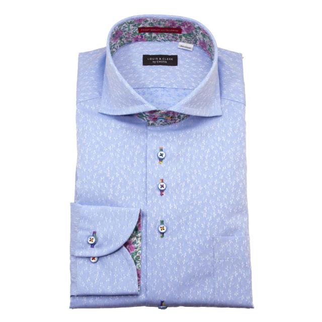 国産 長袖 綿100% ドレスシャツ レギュラーフィット カッタウェイ ブルー ジャガード織 花柄 【RLD594-250】