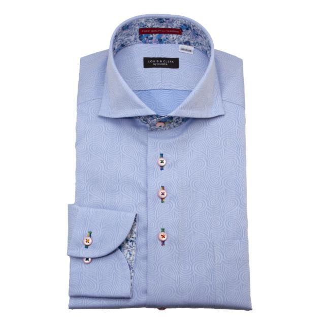 国産 長袖 綿100% ドレスシャツ レギュラーフィット カッタウェイ ブルー ジャガード織 花柄 【RLD595-250】