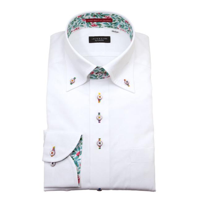 国産 長袖 綿100% ドレスシャツ レギュラーフィット ボタンダウン ホワイト ジャガード織 花柄【RLD596-200】
