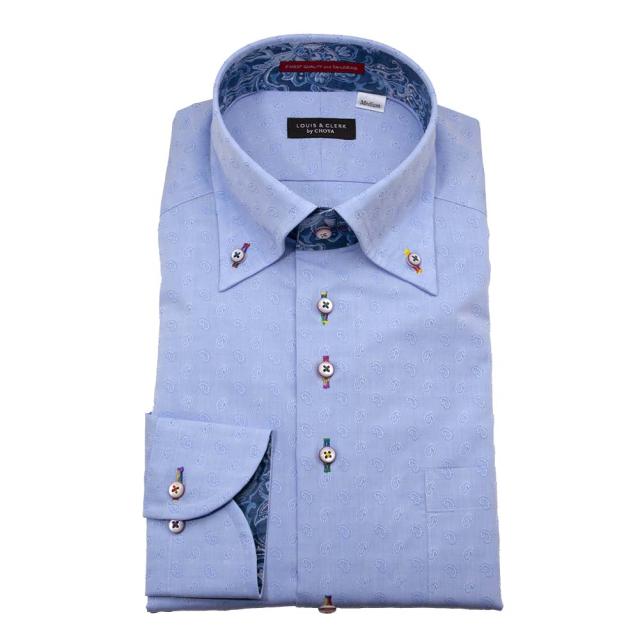 国産 長袖 綿100% ドレスシャツ レギュラーフィット ボタンダウン ブルー ジャガード織 花柄 【RLD596-250】