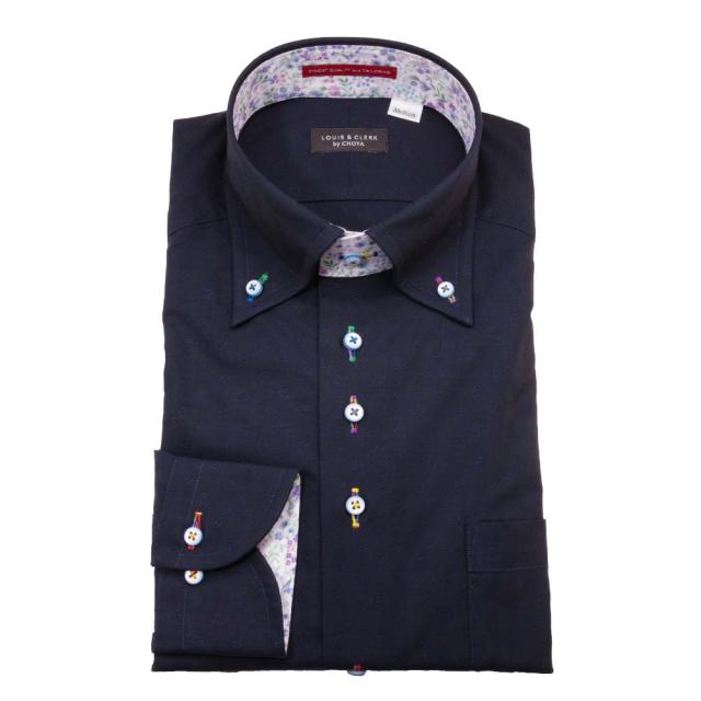 国産 長袖 綿100% ドレスシャツ レギュラーフィット ボタンダウン ネイビー ジャガード織 花柄【RLD596-255】