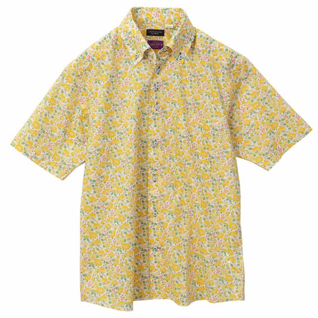 国産半袖ドレスシャツ レギュラーフィット ボタンダウン 綿100 イエロー 花柄 胸ポケット有 ミセ【RLN900-835】