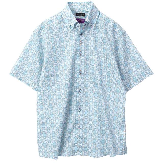 国産半袖ドレスシャツ レギュラーフィット ボタンダウン 綿100 ブルー タイル柄 胸ポケット有 ヌ【RLN900-850】