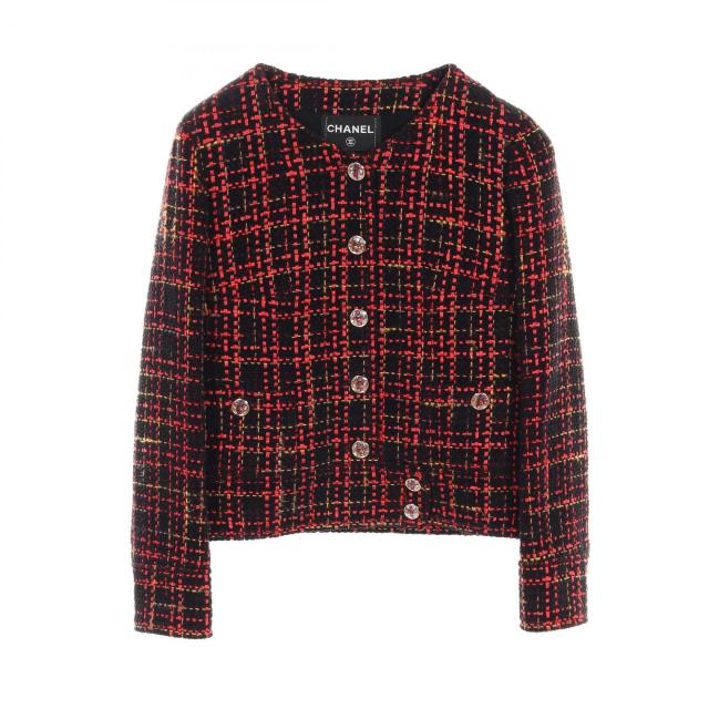 シャネル CHANEL ノーカラージャケット 衣料品 アウター ウール カシミヤ コットン レディース ブラック系 / レッド系 P73176V64615 【中古】
