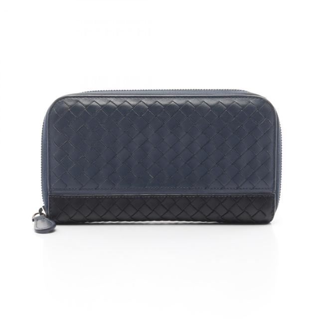 ボッテガヴェネタ BOTTEGA VENETA イントレチャート ラウンド長財布 財布 レザー レディース ブルー系 / ブラック系 【中古】